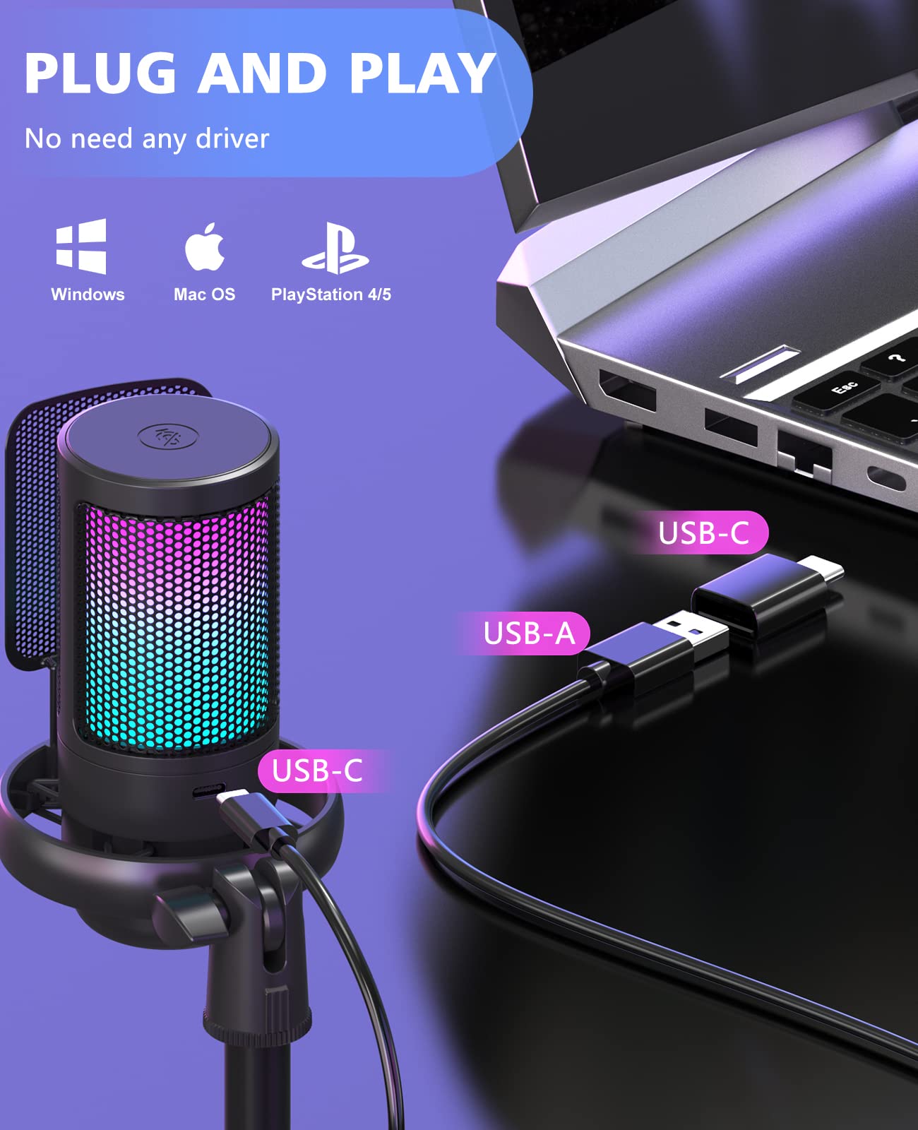 NJSJ USB Microphone for PC, Gaming Mic for PS4/ PS5/ Mac/Phone,Condenser Microphone with Touch Mute, RGB Lighting,Gain knob & Monitoring Jack for Streaming,Podcasting (with Desktop Stand, Black)