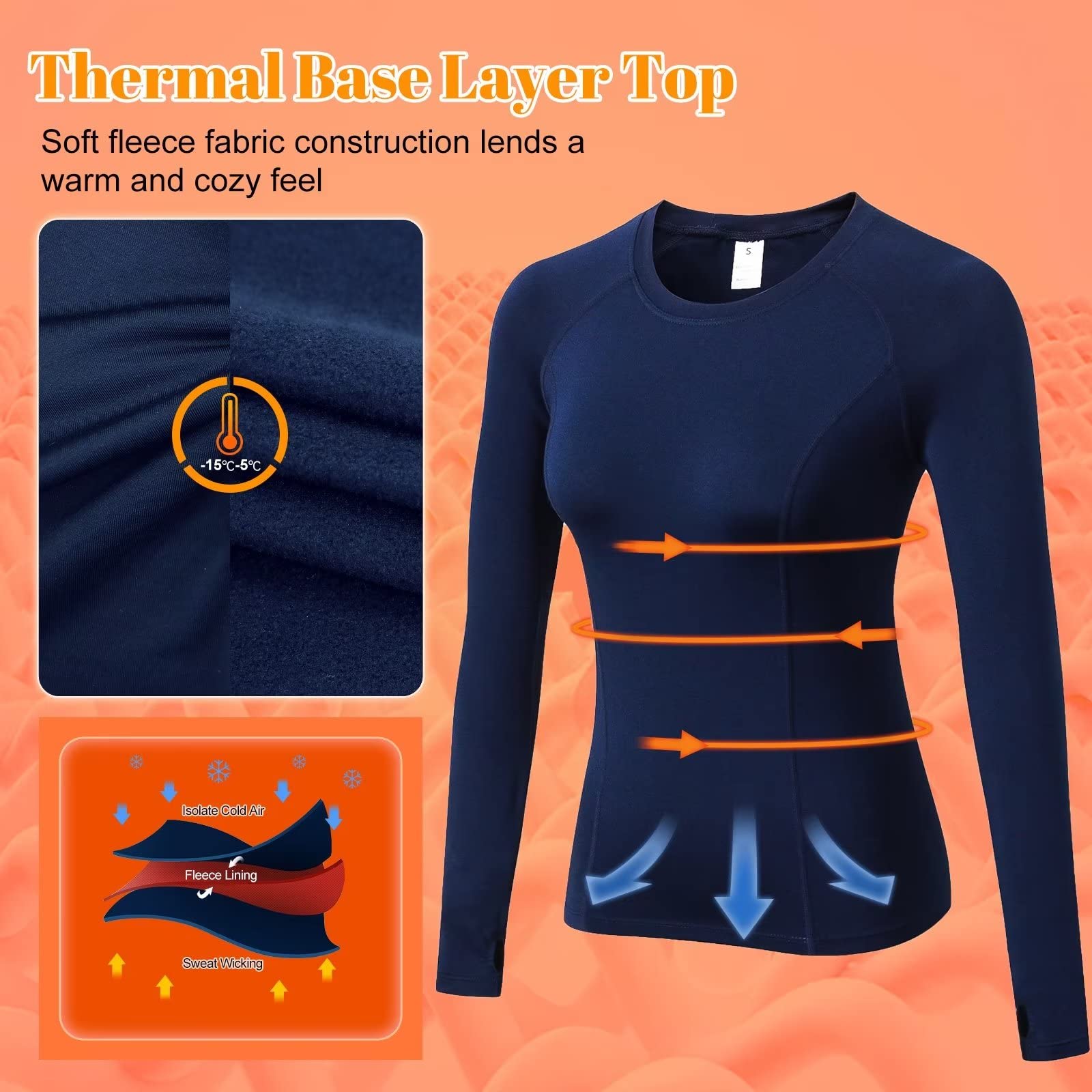 Womens Thermal Tops Long Sleeve Fleece Hiking Ski Base Layer Women Cold Weather Sports Gym Shirts Athletic Ladies Thermal Underwear Tops for Workout Running,Quick Dry Moisture Wicking 5021 Navy M