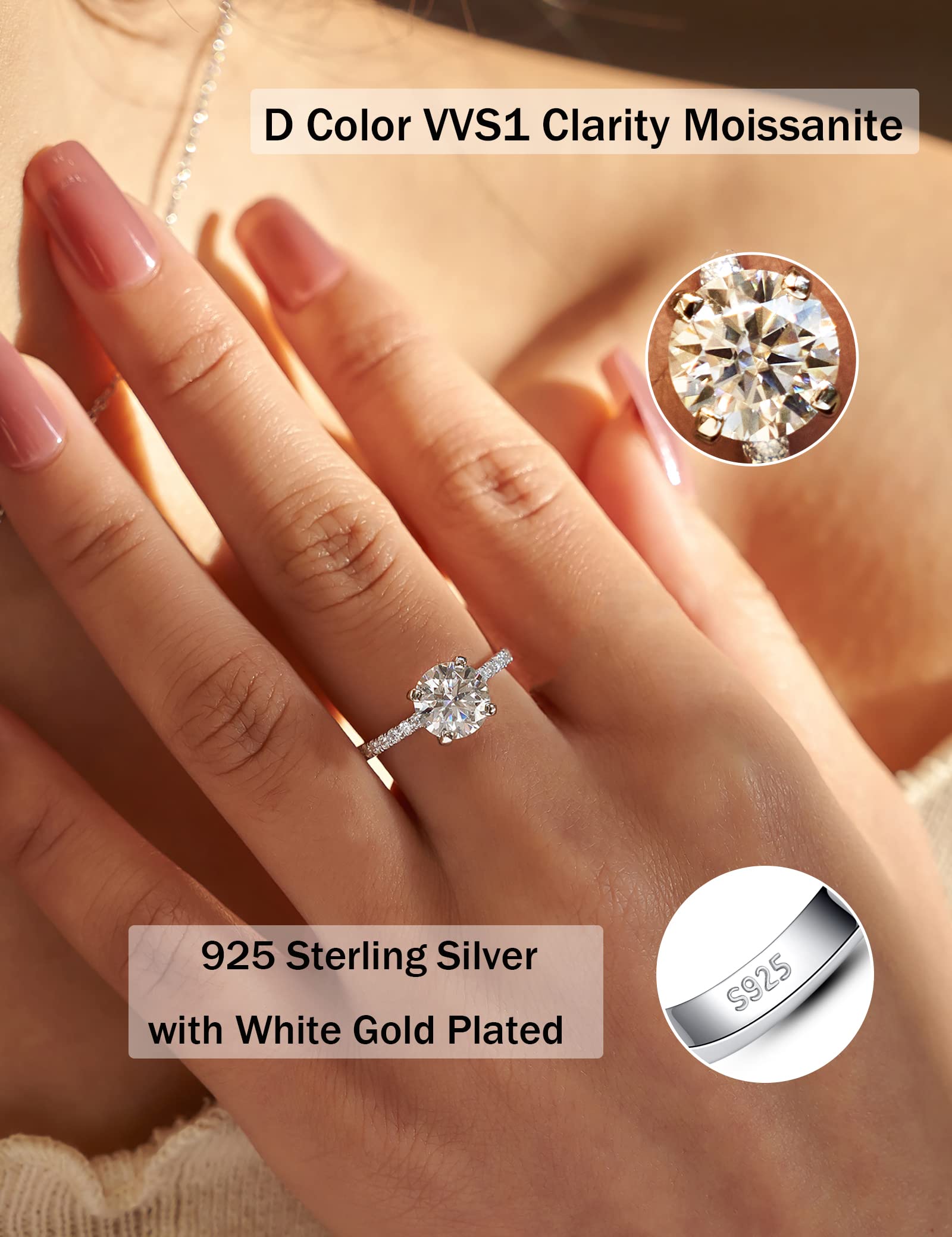 Oivley Moissanite Engagement Rings for Women D Dolor Lab Created Diamond Moissanite Wedding Promise Rings for Her 925 Sterling Silver Rings for Women with 14K White Gold Plated40, Gemstone, Created