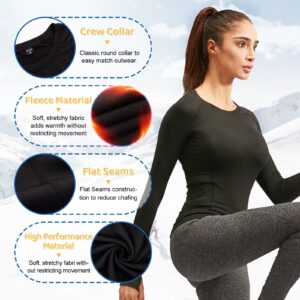 Womens Thermal Tops Long Sleeve Fleece Hiking Ski Base Layer Women Cold Weather Sports Gym Shirts Athletic Ladies Thermal Underwear Tops for Workout Running,Quick Dry Moisture Wicking 5021 Black L