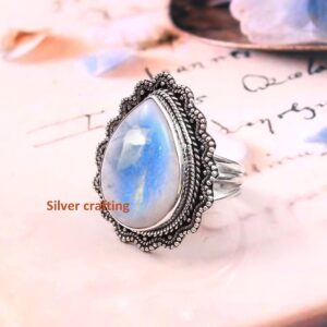 Queen look rainbow moonstone Bohemian ring gemstone 925 sterling silver ring Silver band jewelry (10.5)