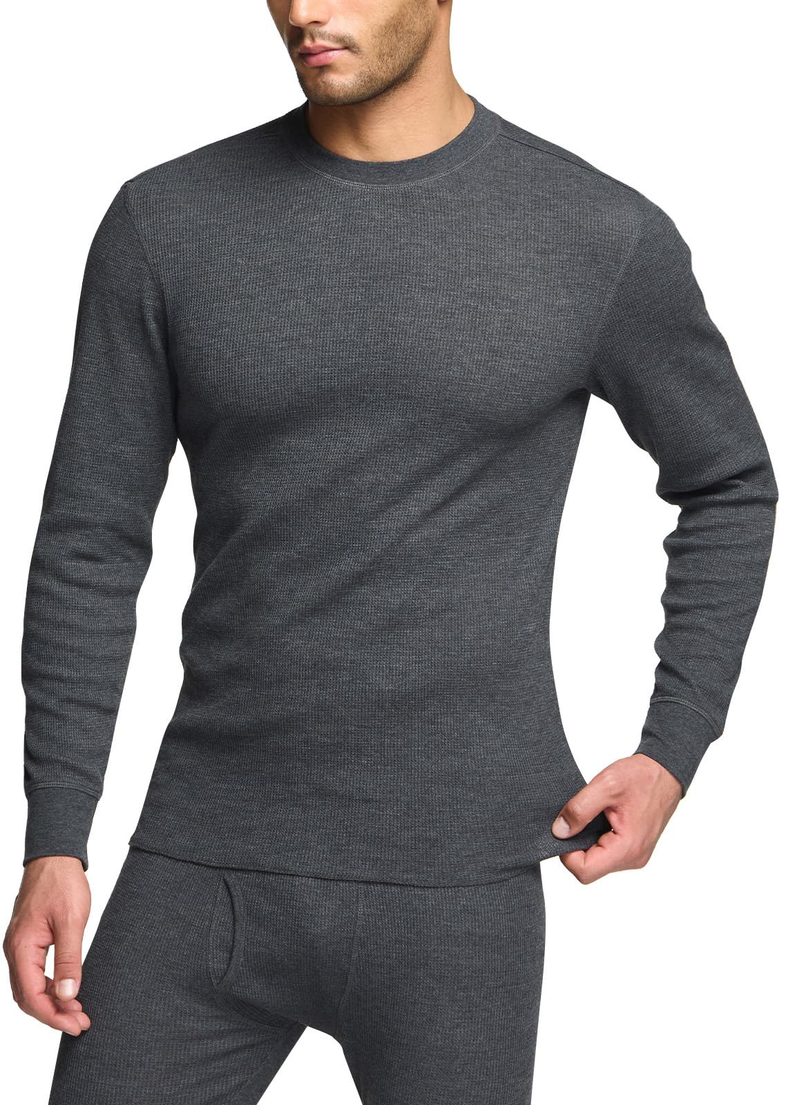 CQR Men's Long Sleeve Thermal Underwear Tops, Midweight Waffle Crewneck Shirt, Winter Cold Weather Thermal Shirts, 1 Piece of Top Dark Grey, XX-Large