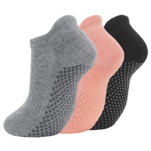 yoga socks for women with grips non slip grip socks anti skid hospital socks slipper socks for home,pilates,barre b 3 pairs grey&nude&black one size