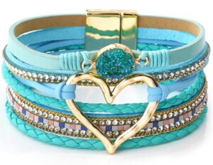 suyi multilayer leather wrap bracelet wide cuff bracelets for women heart-shape light blue