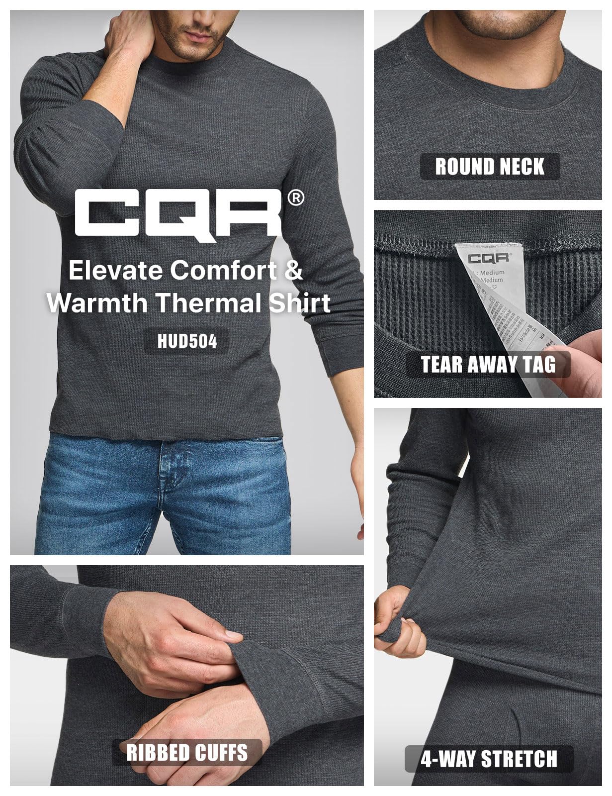 CQR Men's Long Sleeve Thermal Underwear Tops, Midweight Waffle Crewneck Shirt, Winter Cold Weather Thermal Shirts, 1 Piece of Top Dark Grey, XX-Large