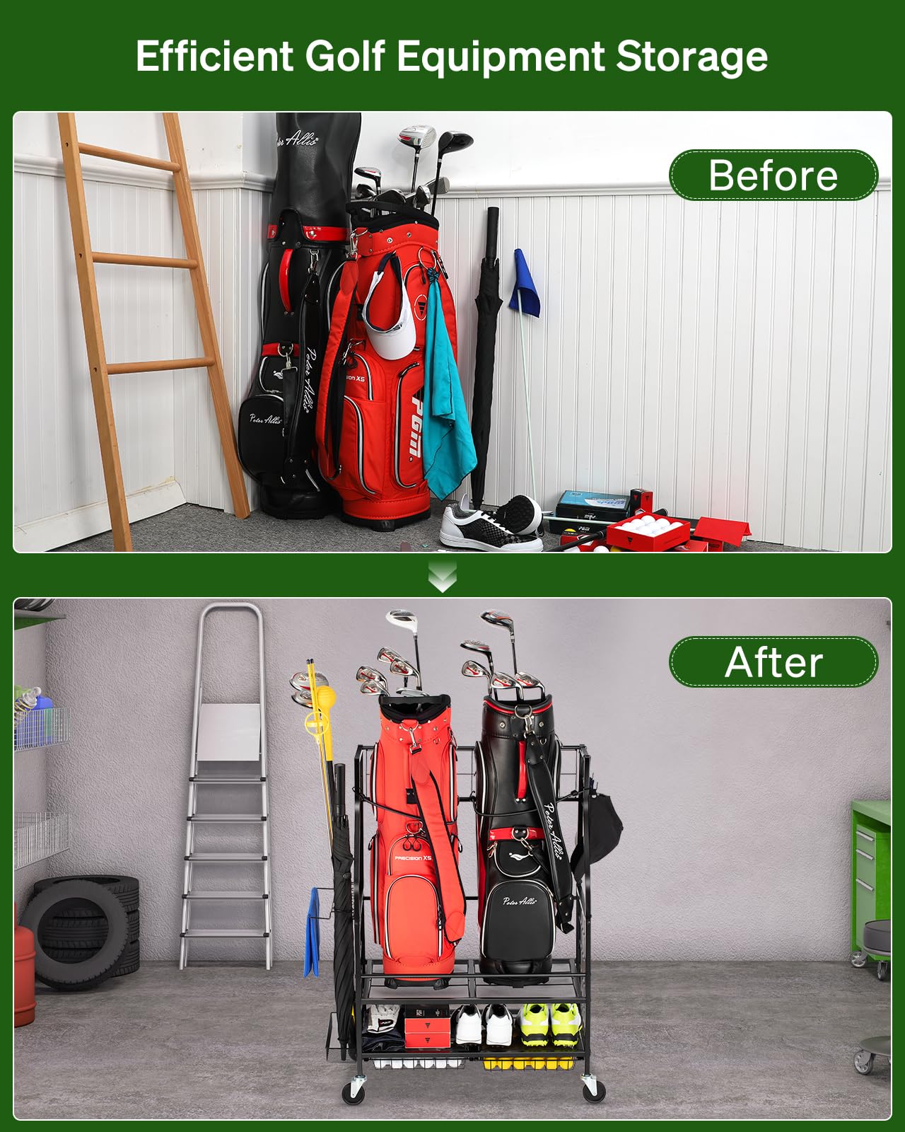 FHXZH Golf Bag Storage Garage Organizer- Golf Bag Stand Fit for 2 Golf Bags and Golf Clubs, Golf Balls, Golf Equipment Accessories, Extra Large Golf Bag Storage Rack for Garage, Club, Shed, Basement