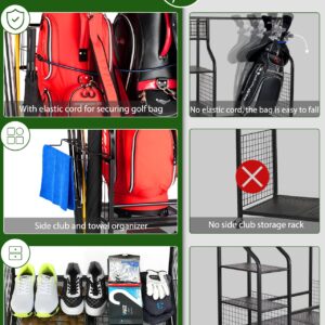 FHXZH Golf Bag Storage Garage Organizer- Golf Bag Stand Fit for 2 Golf Bags and Golf Clubs, Golf Balls, Golf Equipment Accessories, Extra Large Golf Bag Storage Rack for Garage, Club, Shed, Basement