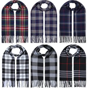 handepo 6 pcs plaid soft imitation cashmere winter scarf buffalo plaid scarf imitation cashmere scarfs with fringes for women men warm, 6 designs