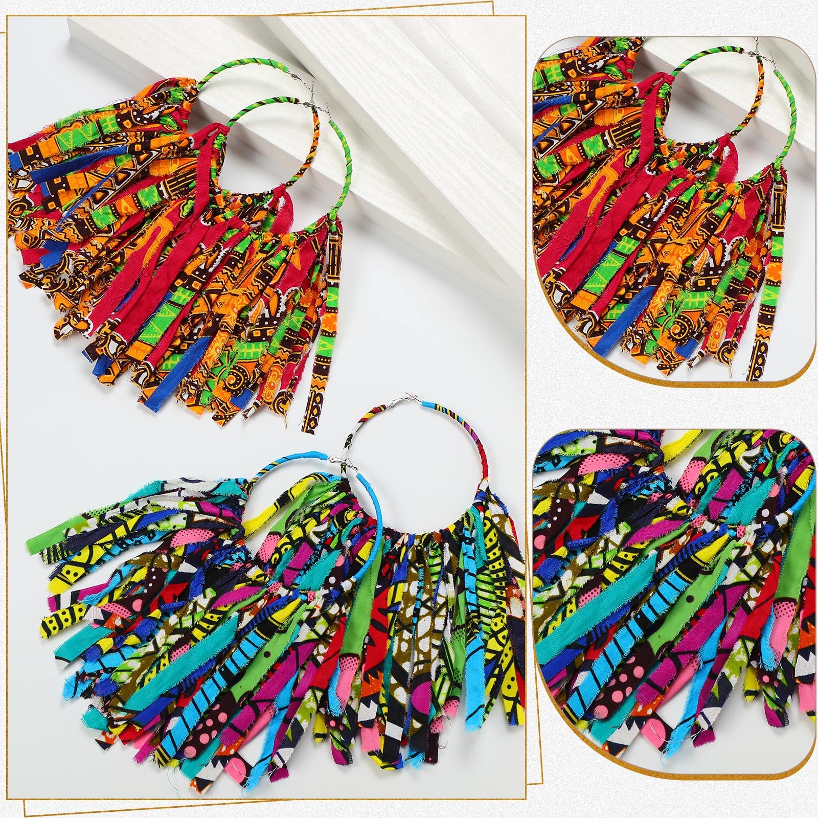 Bonuci 2 Pairs African Earrings Juneteenth Earrings for Women African Jewelry Afrocentric Fabric Tassel Earring Hoop Earring(Vintage Style)