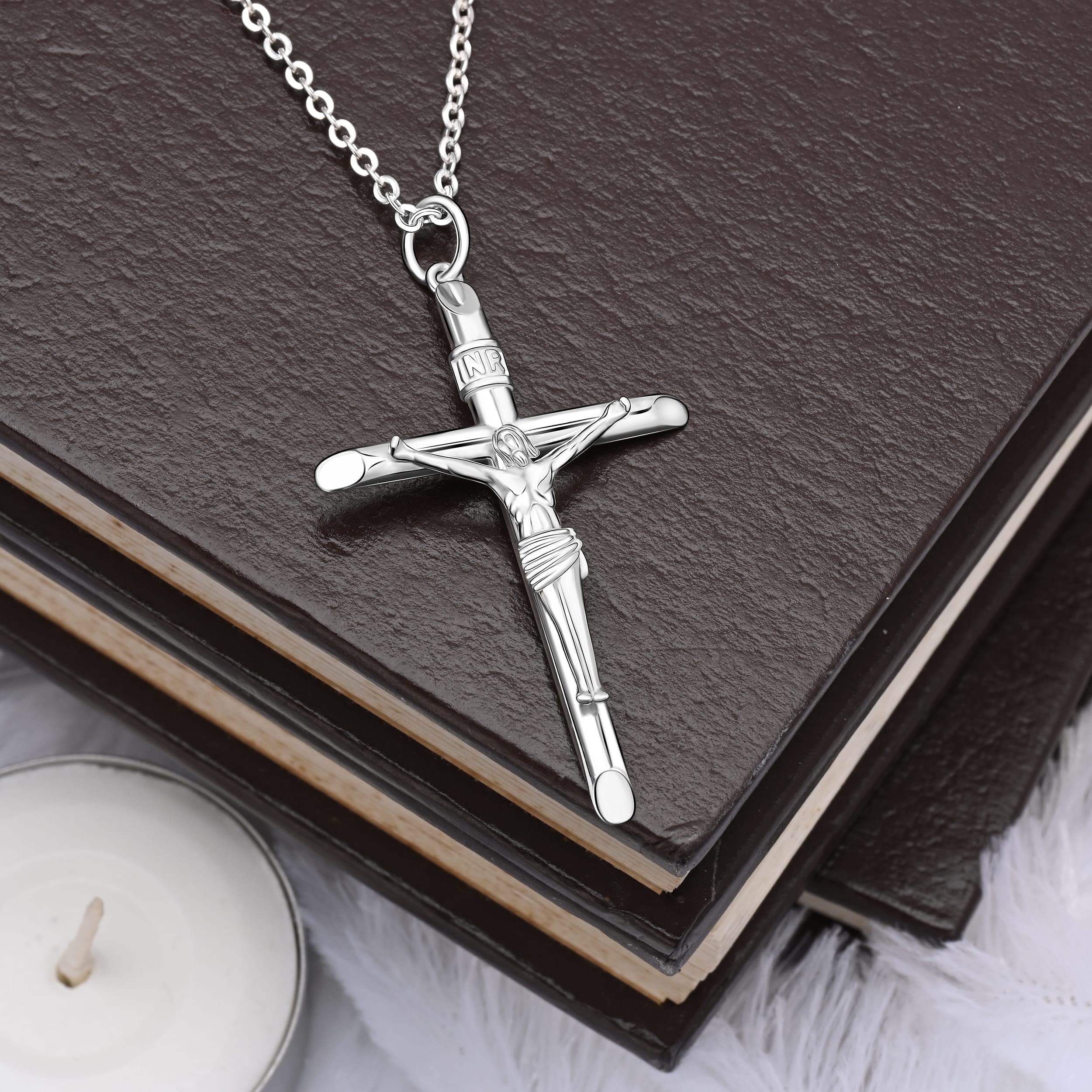 ELEGANZIA Sterling Silver Crucifix Necklace Women Cross Necklace for Men Catholic, Crucifix Pendant with Adjustable 22-24 Inch Silver Necklace Chain Cross Pendant