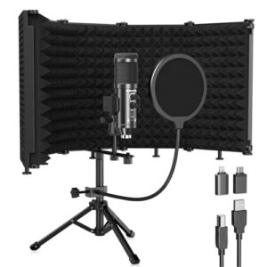 studio recording microphone isolation shield with pop filter and metal tripod stand, usb condenser mic to pc laptop smartphone, studio microphone for recording singing podcasting