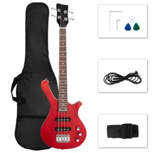 ktaxon 4 string electric bass guitar, 36-inch bass guitar kit with split single-coil pickup, rosewood fretboard, mahogany body for kids, boy and girl(red)