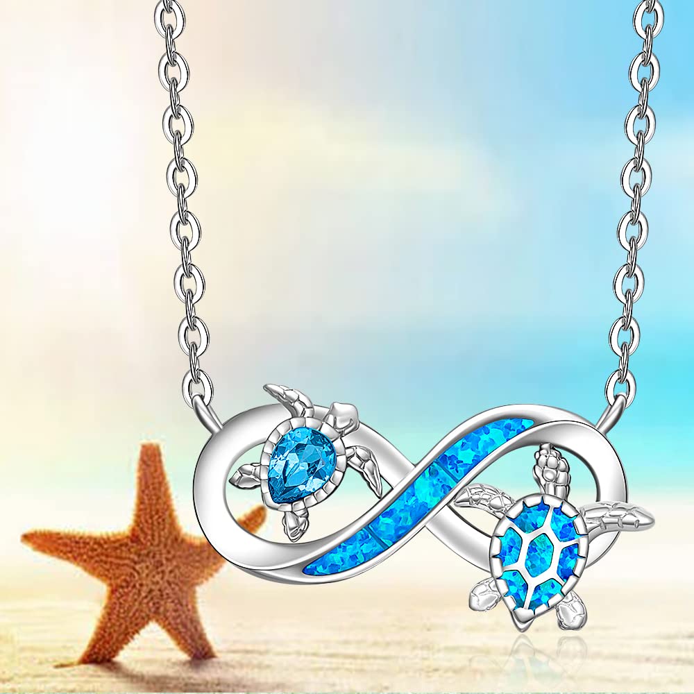 Turtle Necklace for Women Sterling Silver Tortoise 2 Infinity Blue Opal Sea Turtle Pendant Mother and Daughter Necklaces Ocean Inspirational I Llike Turtles Jewelry Birthday Gifts