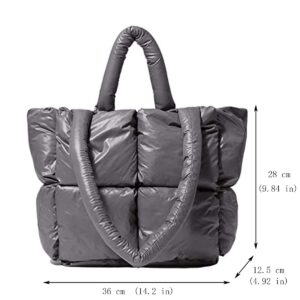 Barabum Women Puffer Tote Bag Soft Padded Down Handbag Space Totes Puffer Shoulder Bag Nylon Pillow Shopper Bag (Grey)