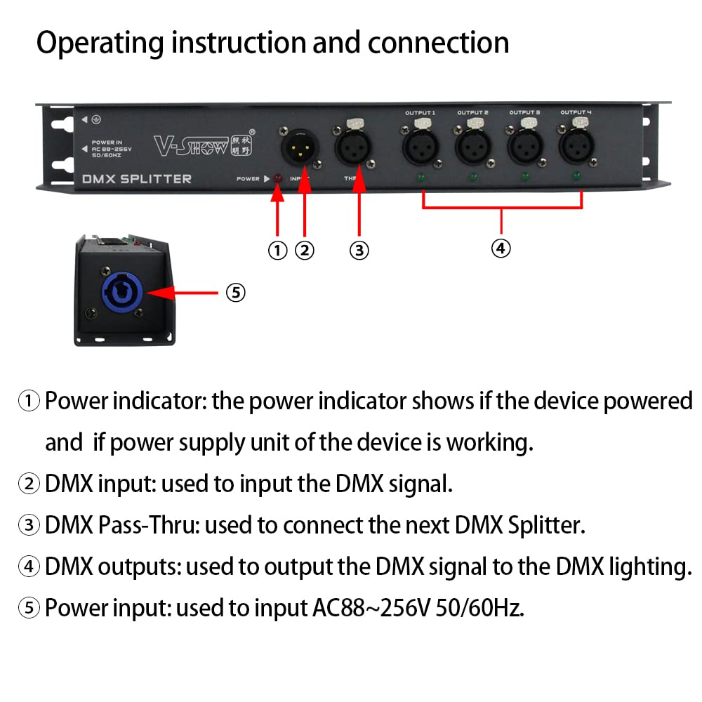 V-Show 4 Isolated Port DMX Splitter - Branch 4 Way DMX Splitter & Signal Amplifier