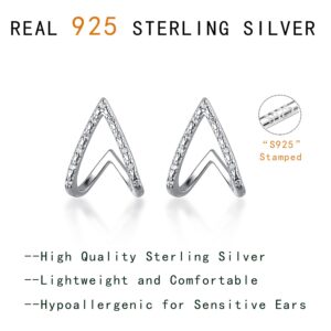 Reffeer 925 Sterling Silver CZ V Cuff Earrings Piercings for Women Teens Claw Huggie Earrings Studs (A-Silver)