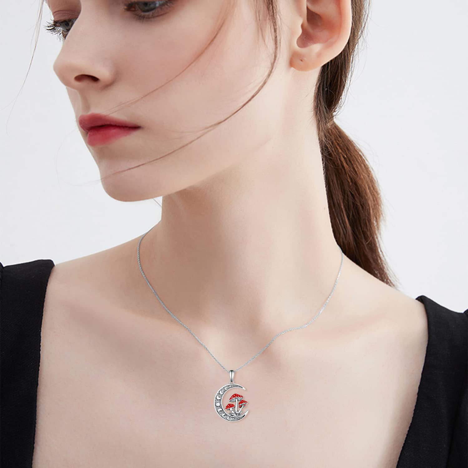 SVODEA Moon Mushroom Necklace for Women,925 Sterling Silver Magical Red Mushroom Pendant Moon Phase Necklaces,Anniversary Birthday Gifts for Women Mom,18''-20''