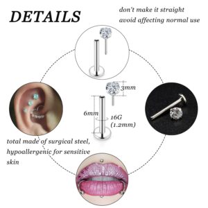 16G Threadless Push in Lip Rings Stainless Steel Labret Jewelry Monroe Lip Rings Nail Cartilage Tragus Helix Earrings Studs Nose Ring Medusa Piercing Jewelry For Women Men 6MM Length 3MM CZ Opal