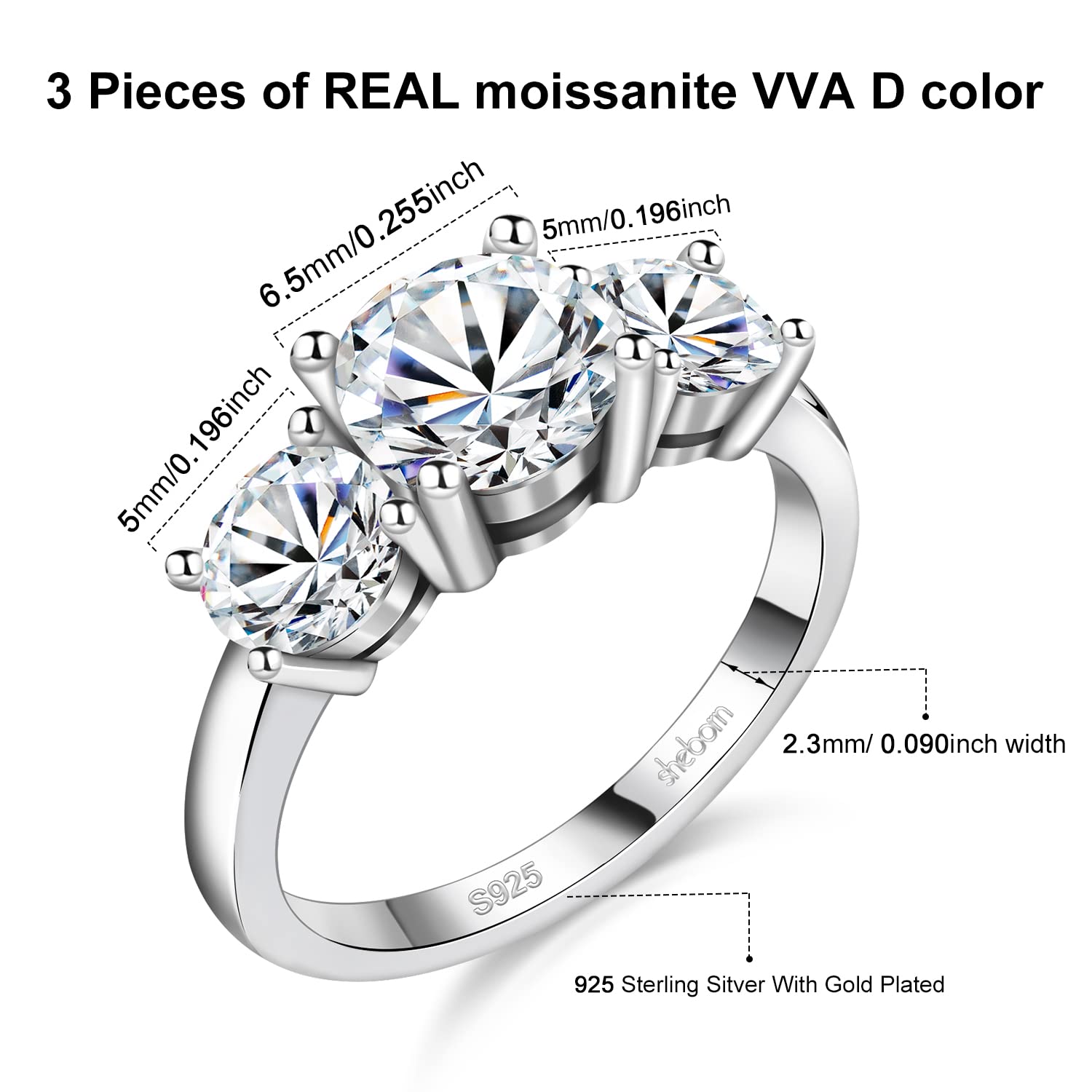 sheborn 2 ct Moissanite Rings for Women 3 Stone Band Engagement Ring 925 Sterling Silver 18K White Gold Plated Ring D Color VVS1 Round Cut Anniversary Wedding/Promise Ring for Her