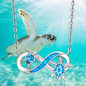 Turtle Necklace for Women Sterling Silver Tortoise 2 Infinity Blue Opal Sea Turtle Pendant Mother and Daughter Necklaces Ocean Inspirational I Llike Turtles Jewelry Birthday Gifts