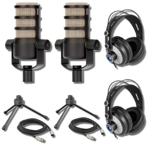 rode podmic dynamic podcast microphone (pair) with gator gfw-mic-0250 desktop mic stands, th-02 podcast headphones, xlr cables and streameye polishing cloth