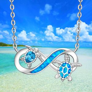 Turtle Necklace for Women Sterling Silver Tortoise 2 Infinity Blue Opal Sea Turtle Pendant Mother and Daughter Necklaces Ocean Inspirational I Llike Turtles Jewelry Birthday Gifts