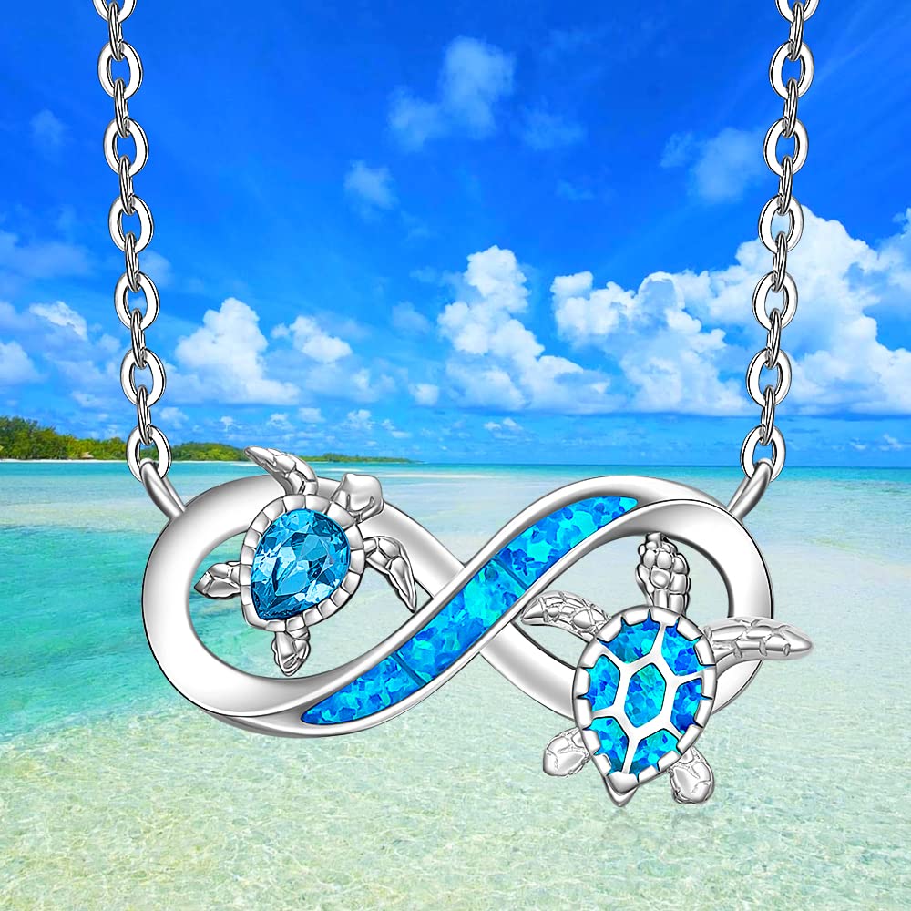 Turtle Necklace for Women Sterling Silver Tortoise 2 Infinity Blue Opal Sea Turtle Pendant Mother and Daughter Necklaces Ocean Inspirational I Llike Turtles Jewelry Birthday Gifts