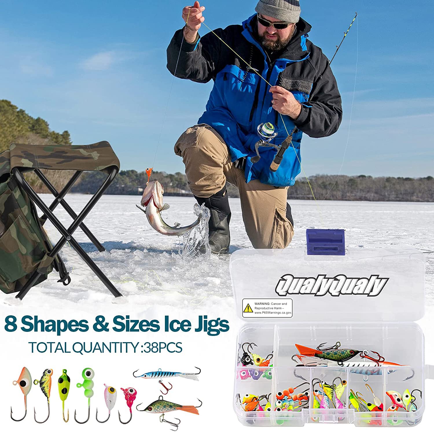 QualyQualy Ice Fishing Rod Reel Combo Complete Set Ice Fishing Gear with Backpack Seat Ice Cleats Ice Fishing Jigs Line Full Ice Fishing Kit