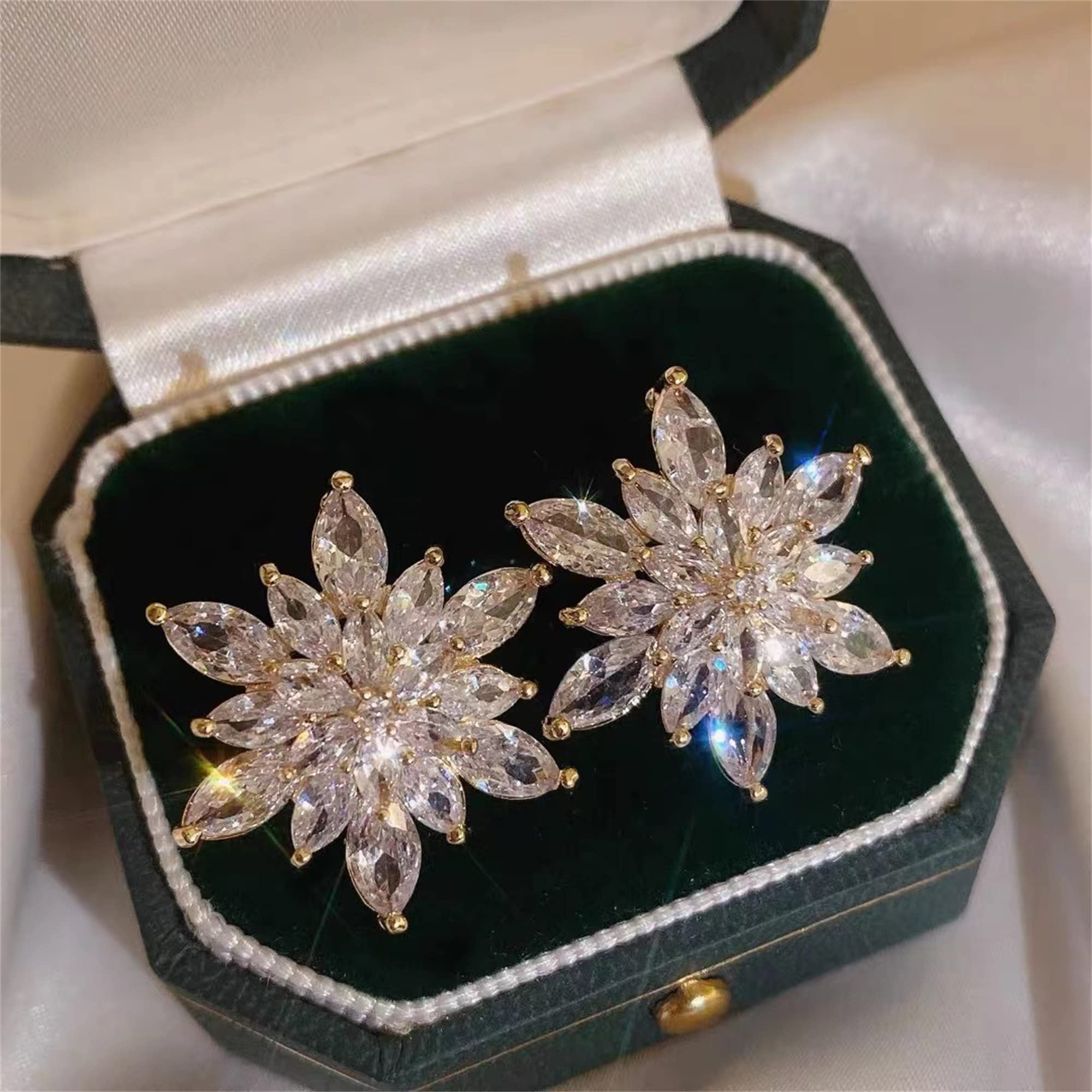 Crystal Flower Burst Stud Earrings,Elegant Hypoallergenic Large Big Sparkly CZ Cubic Zirconia Rhinestone Daisy Sunflower Floral Cluster Flower Stud Earrings Bridal Wedding Party Prom Costume Jewelry