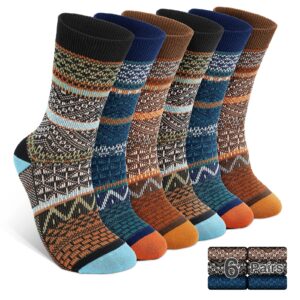 luckit 6 pack wool socks for men women, warm cotton socks winter cabin socks, vintage fall patterned socks unisex knit socks (retro puzzle)