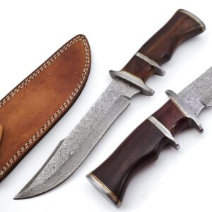 nooraki 13" - handmade damascus steel fixed blade hunting knife with leather sheath, multipurpose knife with rosewood handle for everyday carry, outdoor camping & hunting gift (rosewood-2)