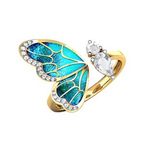 simulated diamond butterfly ring for women inlaid zircon statement ring elegant adjustable opening ring (gold, one size)