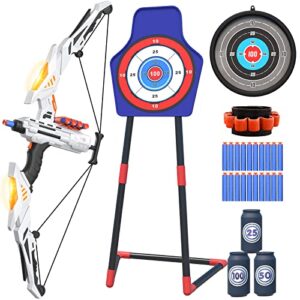 qdragon kids bow and arrow, light-up archery set for kids, with 3 types of targets, 20 suction cup arrows, wrist band, indoor outdoor toys gifts for boys girls ages 4 5 6 7 8 9 10 11 12, white