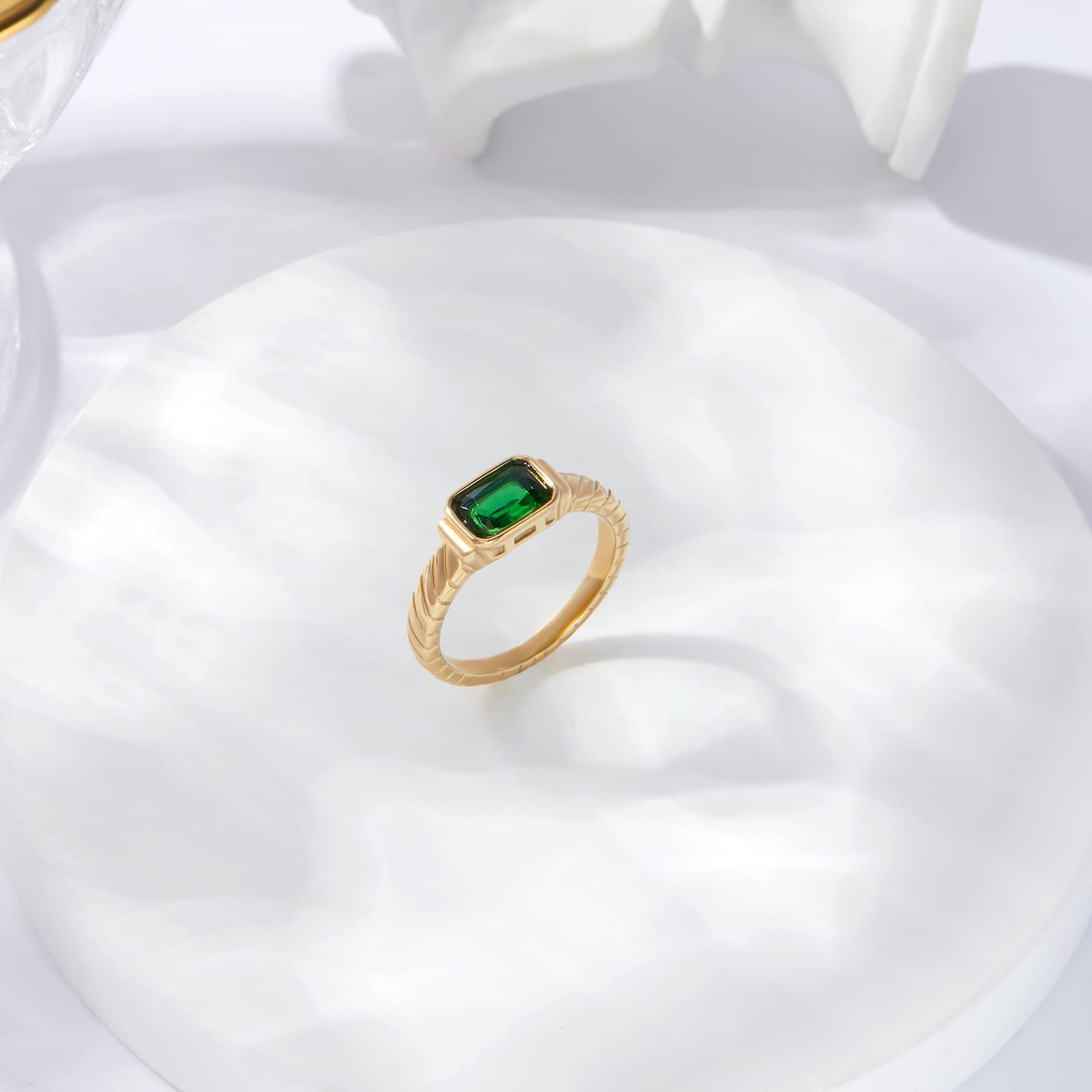 PALBOA Gold Emerald Rings Gold Rings for Women Dainty Green Rings Cut Emerald Gemstones CZ Non Tarnish Gold Rings 14K Gold Plated Rings for Women Band Size 8