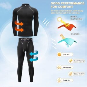 Thermal Underwear for Men Hunting Ski Base Layer Men Cold Weather Fleece Lined Long Johns for Men Turtleneck Thermal Compression Shirts for Men Top and Bottom Underlayer Set,Quick Dry 32375 Black L