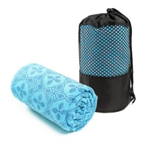 pokivir - yoga towel, hot yoga mat towel - sweat absorbing non-slip for hot yoga, pilates and workout, 24x72 inches with upgraded clover-shaped grip dots (light blue)