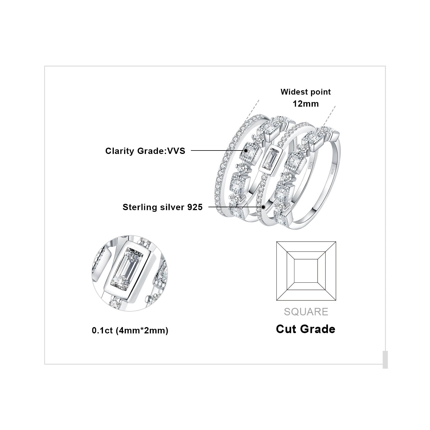 JewelryPalace Princess Emerald Cut CZ Stackable Wedding Ring Eternity Bands for Women, Cubic Zirconia 925 Sterling Silver 14K White Gold Plated Promise Ring for Her, 4pc Anniversary Ring Sets 9