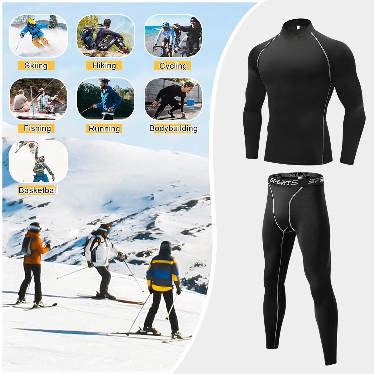 Thermal Underwear for Men Hunting Ski Base Layer Men Cold Weather Fleece Lined Long Johns for Men Turtleneck Thermal Compression Shirts for Men Top and Bottom Underlayer Set,Quick Dry 32375 Black L