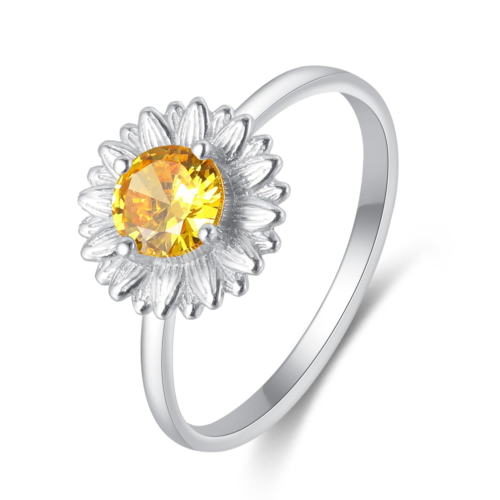 Cezentiy Sunflowers Ring 925 Sterling Silver Jewelry Daisy Ring Zirconia Stacking Ring for Women Girls Gift Size 6 to 9 (white golden, 7)