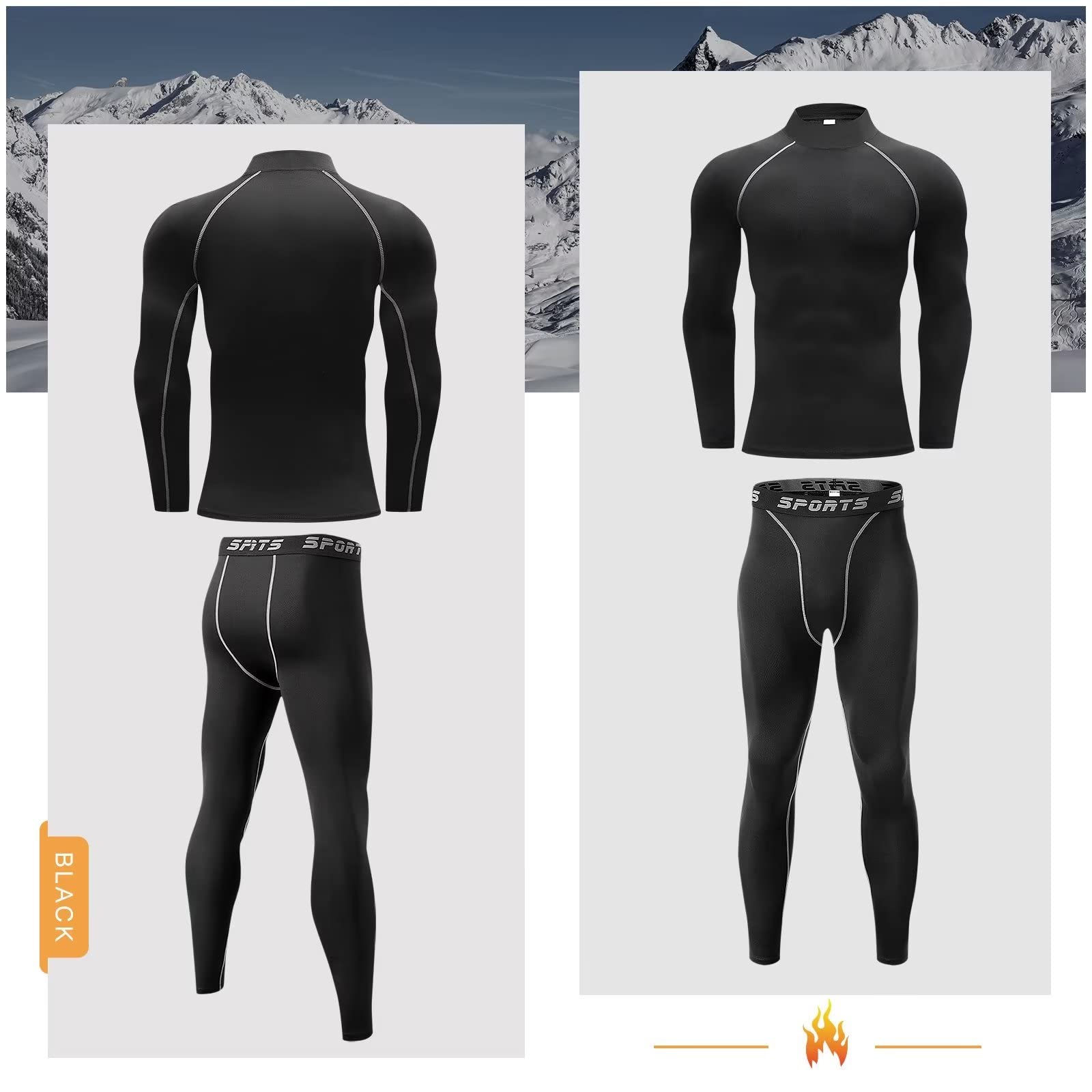 Thermal Underwear for Men Hunting Ski Base Layer Men Cold Weather Fleece Lined Long Johns for Men Turtleneck Thermal Compression Shirts for Men Top and Bottom Underlayer Set,Quick Dry 32375 Black L