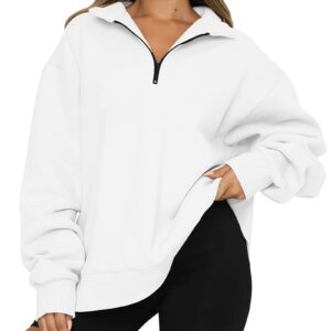 EFAN Womens Oversized Sweatshirts Half Zip Pullover Long Sleeve Fleece Quarter Zip Sweaters Trendy Outfits Teen Girls Fall Y2K Clothes Tops White