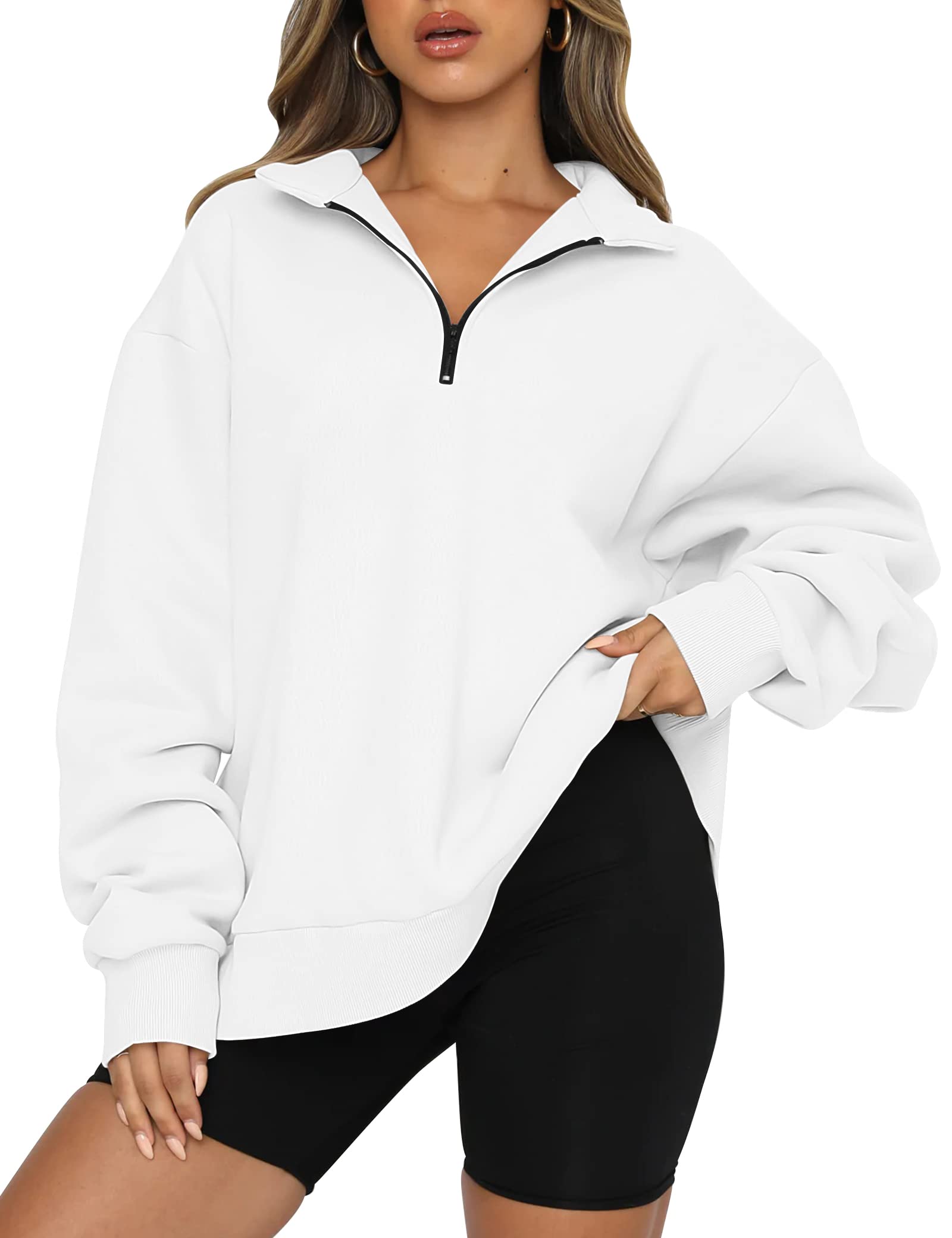 EFAN Womens Oversized Sweatshirts Half Zip Pullover Long Sleeve Fleece Quarter Zip Sweaters Trendy Outfits Teen Girls Fall Y2K Clothes Tops White