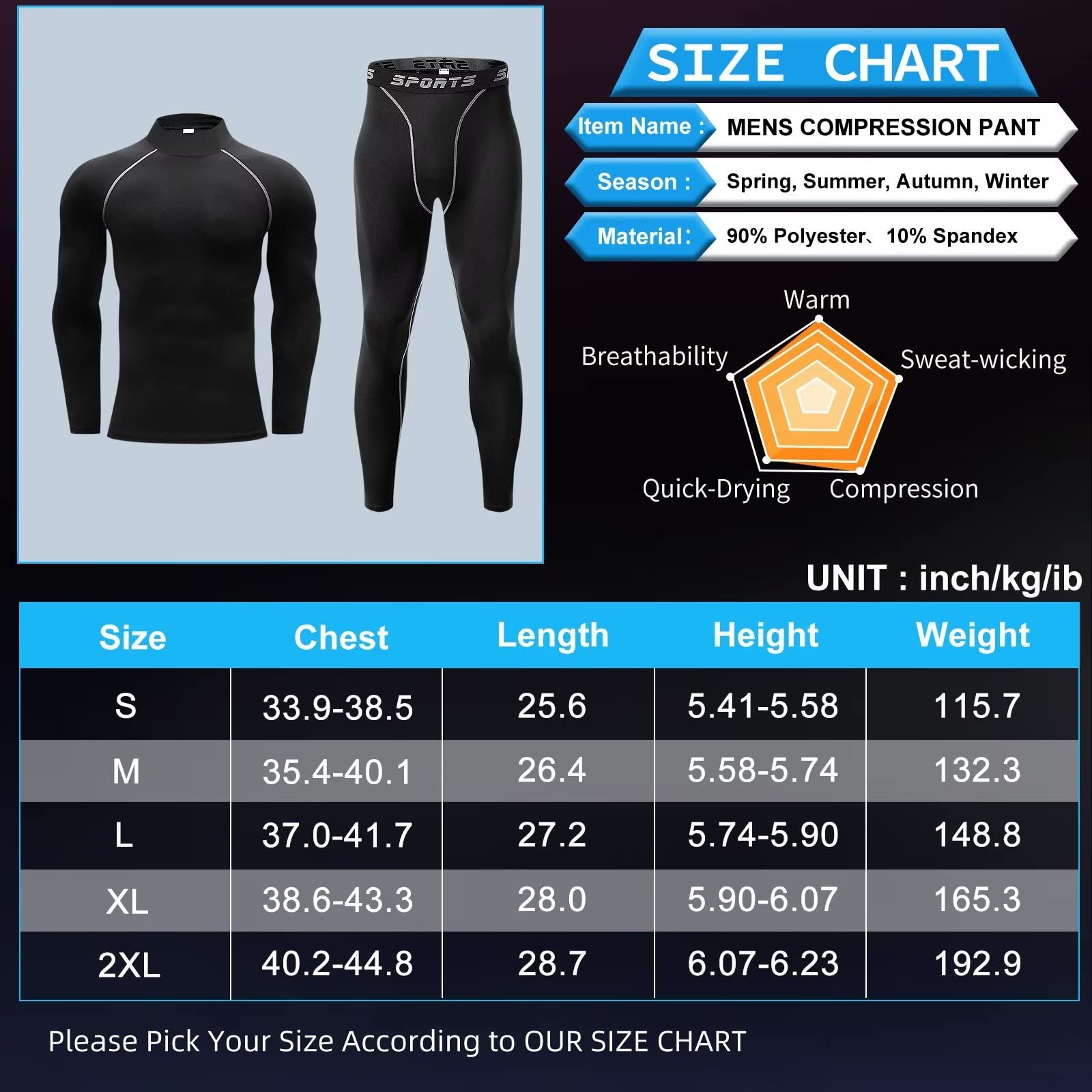 Thermal Underwear for Men Hunting Ski Base Layer Men Cold Weather Fleece Lined Long Johns for Men Turtleneck Thermal Compression Shirts for Men Top and Bottom Underlayer Set,Quick Dry 32375 Black L