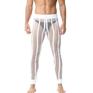 QiaTi Men's Fishnet Pants Mesh See Through Muscle Leggings Stretchy Drawstring Long Pants B-White