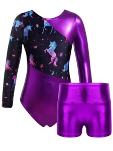 winying kids girls long sleeve unitard bodysuit with shorts fitness gymnastic leotard dancewear purple 6 years