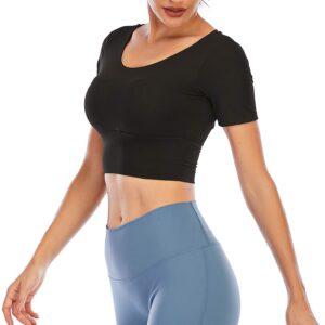 ECUPPER Women Short Sleeve Workout Tops Backless Yoga Gym Shirts Athletic Crop Top with Built in Bra for Fitness Sports Activewear Black