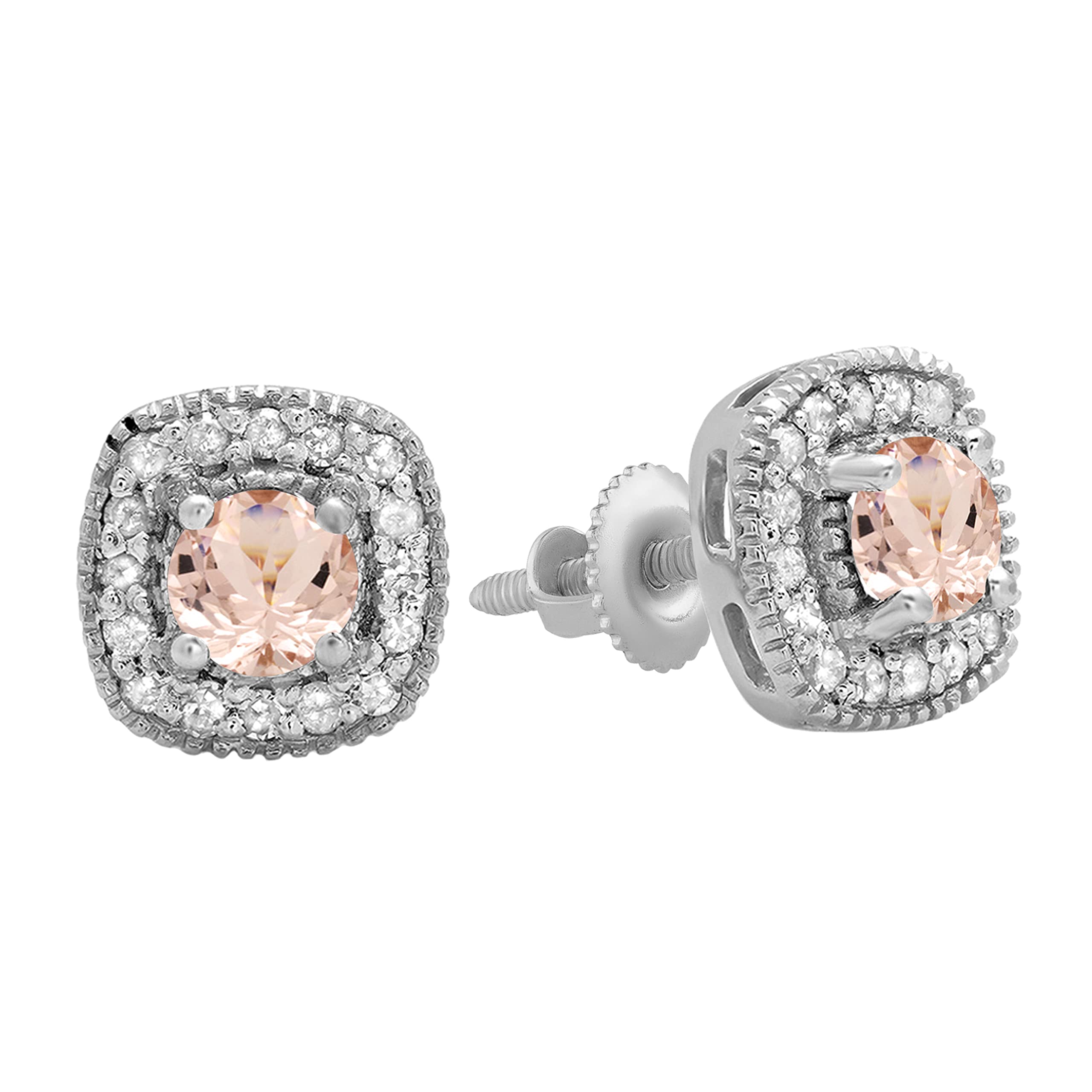 Dazzlingrock Collection Round 4mm Morganite & White Diamond Halo Screwback Stud Earrings for Women in 925 Sterling Silver