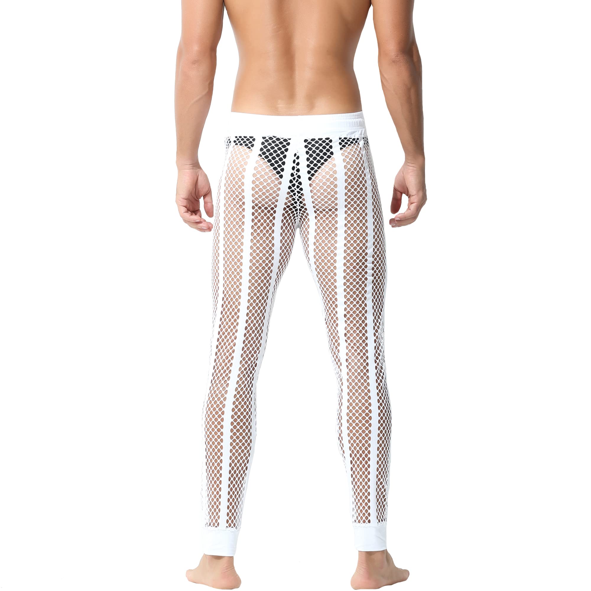 QiaTi Men's Fishnet Pants Mesh See Through Muscle Leggings Stretchy Drawstring Long Pants B-White