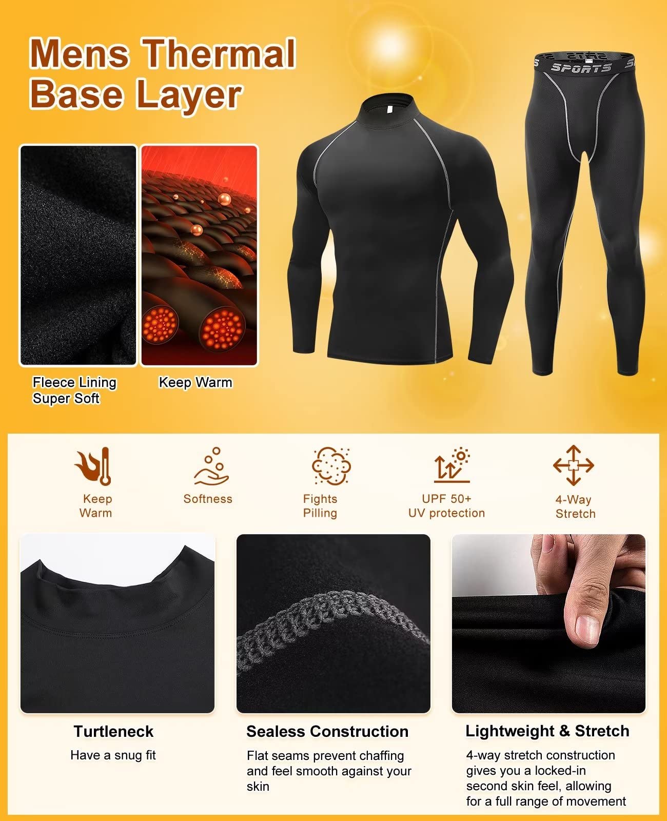 Thermal Underwear for Men Hunting Ski Base Layer Men Cold Weather Fleece Lined Long Johns for Men Turtleneck Thermal Compression Shirts for Men Top and Bottom Underlayer Set,Quick Dry 32375 Black L