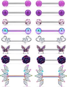 cisyozi 14g nipple ring piercing jewelry for women stainless surgical steel flower sexy nipple nipplering belly tongue ring barbell bar stud hoop set pack piercin jewelry 14mm purple colorful rainbow